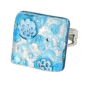 Glass Of Venice Murano Glass Ring - Square Adjustable Ring in Aqua Blue Lined with Silver Leaf. Blown Glass - Murano Glass Rings for Women Handmade in Italy
