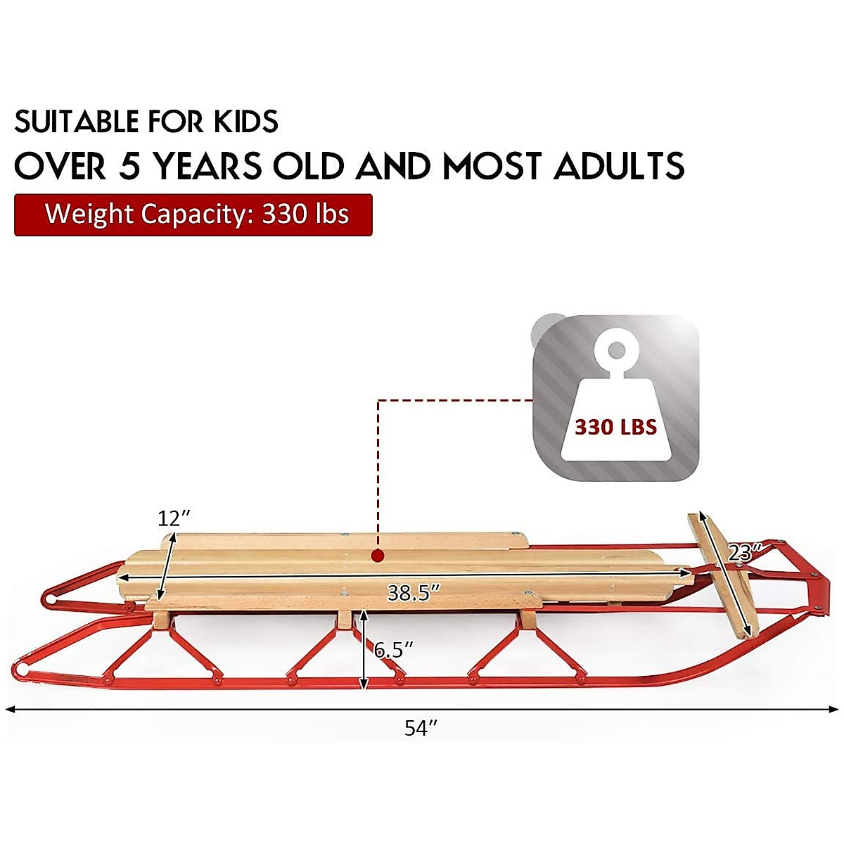 GLACER Wooden Sled, 54 Inches Snow Slider w/Metal Runners & Steering Bar, Sleigh Toboggan Pull Sled for Kids & Adults, Steel & Wood