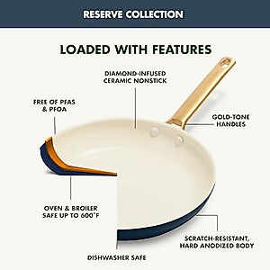 GreenPan Reserve Hard Anodized Healthy Ceramic Nonstick 12" Frying Pan Skillet with Helper Handle and Lid, Gold Handle, PFAS-Free, Dishwasher Safe, Oven Safe, Twilight Blue