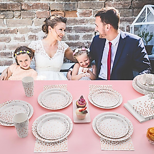 Gudvilla 200PCS Rose Gold Plates and Napkins Party Supplies,Rose Gold Party Decorations Serve 50 Guests,Gold Polka Dots Paper Plates for Retirement Wedding Decorations-Rose Gold Birthday Plates