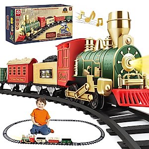 JUQU Train Set-Electric Train Sets for Boys Toddlers Classical Train Toys,Battery-Powered Locomotive Engine with Sound and Lights, 3 Cars &10 Tracks, Christmas Toy Train for Age 3 4 5 6 Years Old Kids