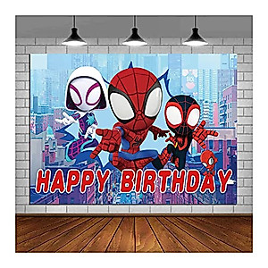 Happy Birthday Theme Red Spider Man Photography Backdrop Cartoon Comics Style Building Scenes Photo Background 5x3ft Children Boys Birthday Party Banner Decors Supplies