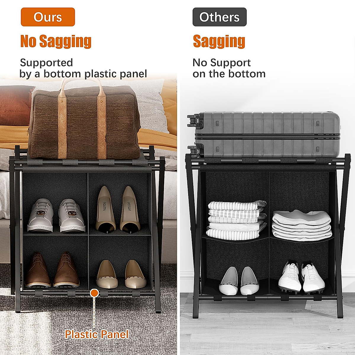 Huhote Luggage Rack for Guest Room, Set of 2, Folding Suitcase Stand with Fabric Storage Shelf, Luggage Holder, Steel Foldable Luggage Stand for Guest Room, Bedroom, Hotel, Black