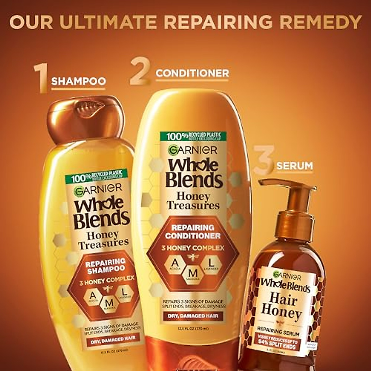 Garnier Whole Blends Honey Treasures Repairing Conditioner, for Dry, Damaged Hair, 3 Fl Oz (Travel Size), 1 Count (Packaging May Vary)