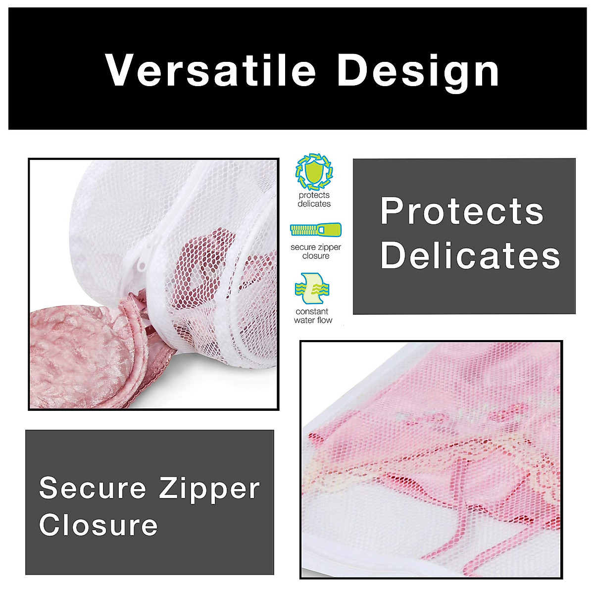 Smart Design Intimate Wash Bag w/ Safety Zipper - Washing Machine Safe - Fine Mesh Nylon Polyester - Bra, Hosiery, Pantyhose, Delicates, Lingerie, Sweater, & Baby Clothes (Set of 3) [White]