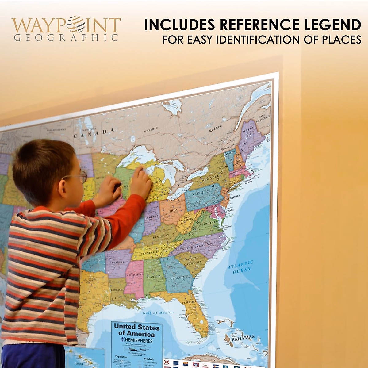 Waypoint Geographic Blue Ocean Series USA Wall Map, Laminated World Map Poster, Educational Wall Art For Home, Classroom, or Office, Unique Gifts, 48” x 38”