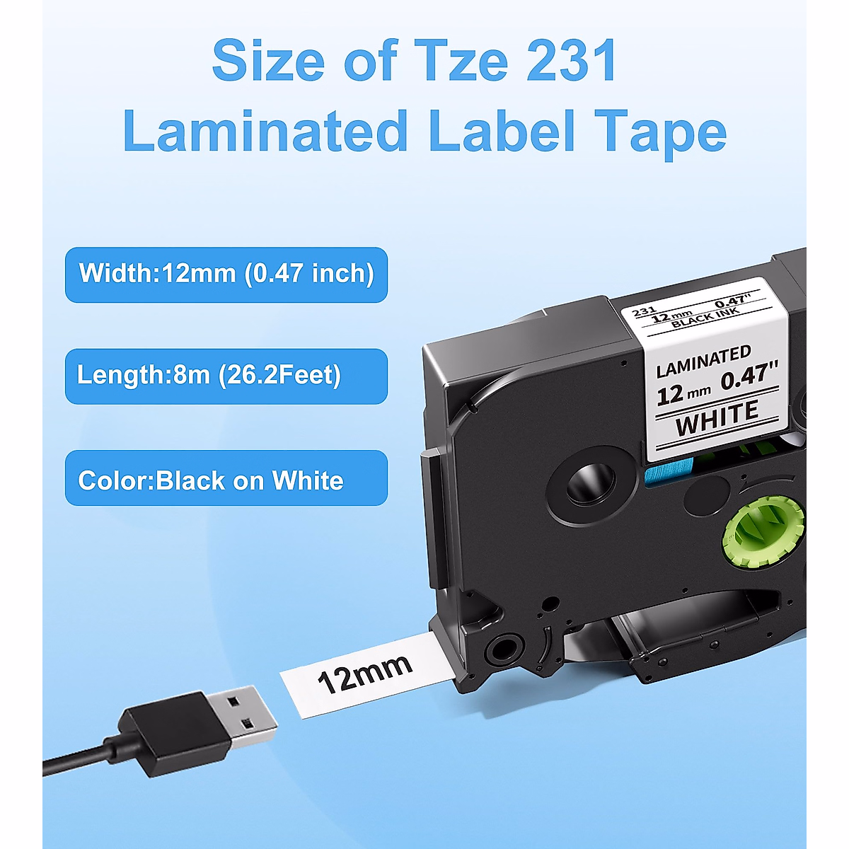 MarkDomain 12-Pack Label Maker Refills Replacement for Brother P Touch TZe TZ 12mm 0.47 Laminated TZe231 Black on White Label Tape, Work with Brother PT-D220 PT-D210 PT-H110 PT-D410, 12mm x 8m