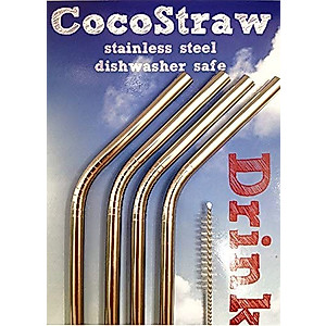 CocoStraw 10 Reusable Straws - Stainless Steel Drinking - Set of 10 + Cleaner - Eco Friendly, SAFE, NON-TOXIC non-plastic- CocoStraw Brand