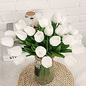 30pcs Real Touch Tulips PU Artificial Flowers, Fake Tulips Flowers for Arrangement Wedding Party Easter Spring Home Dining Room Office Decoration. (White, 14" Tall)