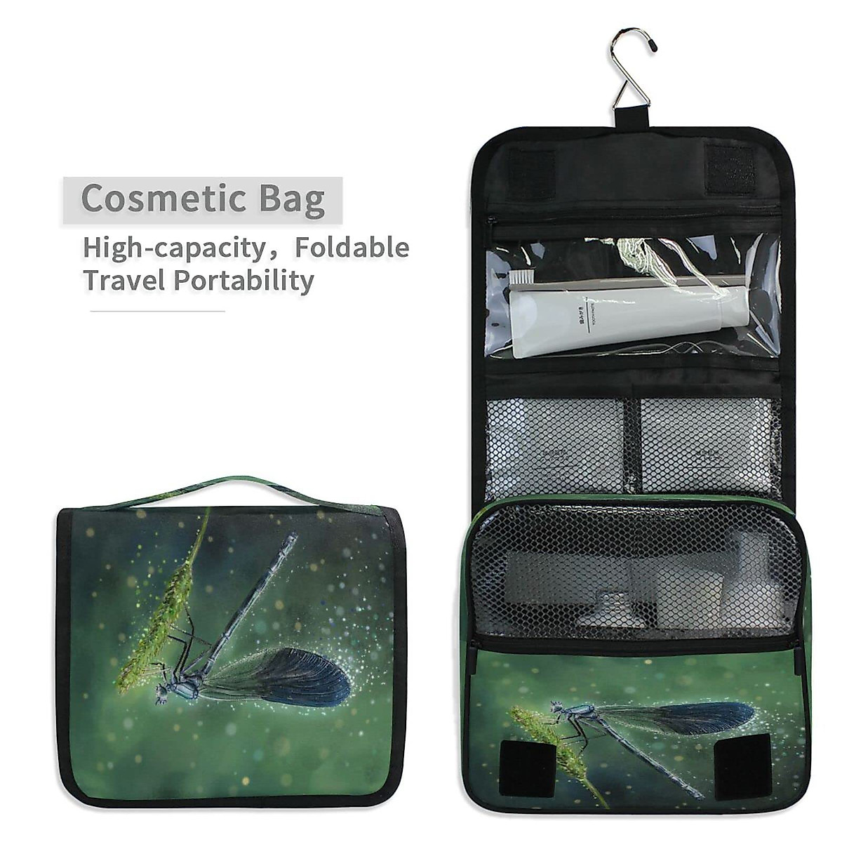 Omhonmi Hanging Toiletry Bag for Women Art Painting Dragonfly,Waterproof Makeup Pouch,Portable Cosmetic Bag,Travel Bag with Hanging Hook for Woman Man Travel Accessories