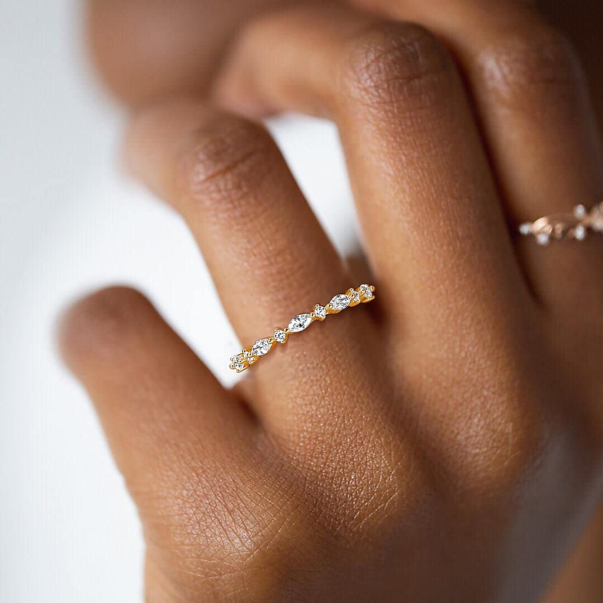 SHINYSO 14K Gold Plated Wedding Band for Women Thin Stacking Ring Half Cubic Zirconia Eternity Engagement Ring Size 6