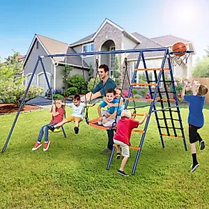 Legooin Swing Sets for Backyard, 550lbs-6 in 1 Heavy Duty Metal Swing Set with 3 Swings Climbing Net Ladder and Basketball Hoop, Waterproof Kids Swing Sets for Backyard for Indoor Outdoor Playground