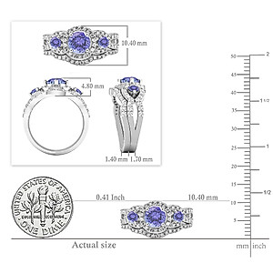 Dazzlingrock Collection Round Tanzanite & White Diamond Ladies 3 Stone Halo Wedding Ring Set 14K White Gold, Size 6