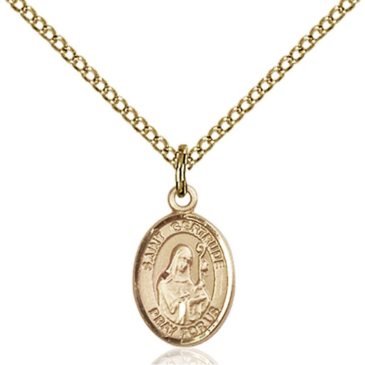 Bonyak Jewelry Saint Medal Collection Gold Filled St. Gertrude of Nivelles Pendant 1/2 x 1/4 inches with Gold Filled Lite Curb Chain