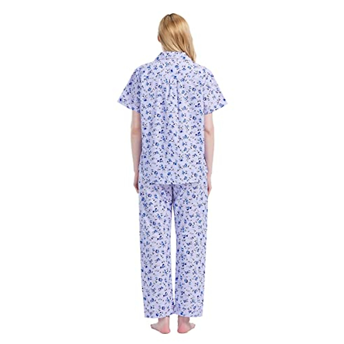 GLOBAL Women's 100% Cotton Pajama Sets | Two-Piece Soft Short-Sleeved and Long Pants PJs for Spring and Summer | Button Down Front Top and Drawstring Waist Bottom Nightwear