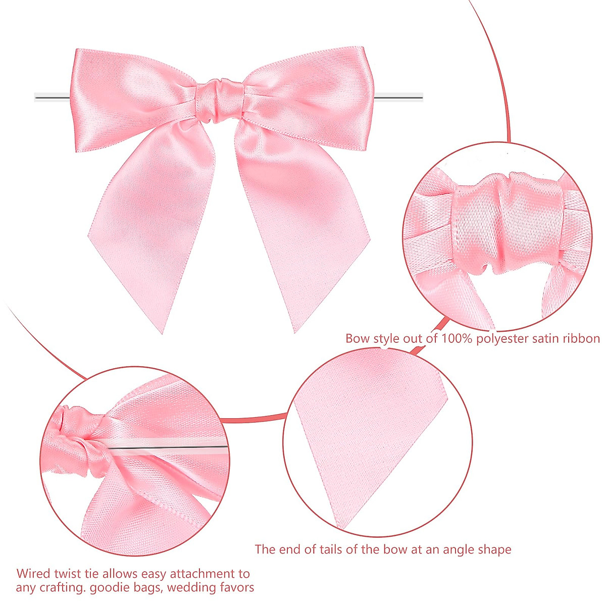 20Pcs Pink Bows for Crafts 4.5" Pre-Tied Twist Tie Bows for Baby Shower Satin Ribbon Bowknot for Wrapping Gift Birthday Treat Bags