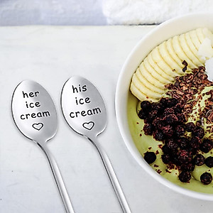 His and Her Ice Cream Spoons for Couples, Boyfriend Girlfriend Birthday Wedding Anniversary Christmas Gifts for Wife Husband Stainless Steel Couple Engraved Spoon Set 2Pcs