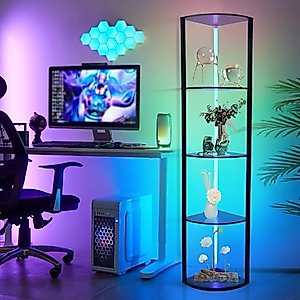 XIIW 5 Tiers Corner Shelf with Light, RGB LED Corner Bookshelf Standing Floor Lamp via App and Remote Control, Modern Corner Display Cabinet with Storage Rack for Living Room Bedroom Home