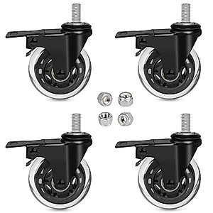 Hirate Threaded Stem Casters 3/8"-16UNC with Brake, Set of 4 Heavy Duty 3" Swivel Caster with Safety Locking for Workbench Trolley Carts with Lock Nuts