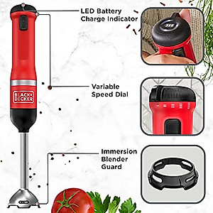 BLACK+DECKER Kitchen Wand Immersion Blender Handheld, With Charging Dock, Mixing Cup, Cordless, Red (BCKM1011K06)
