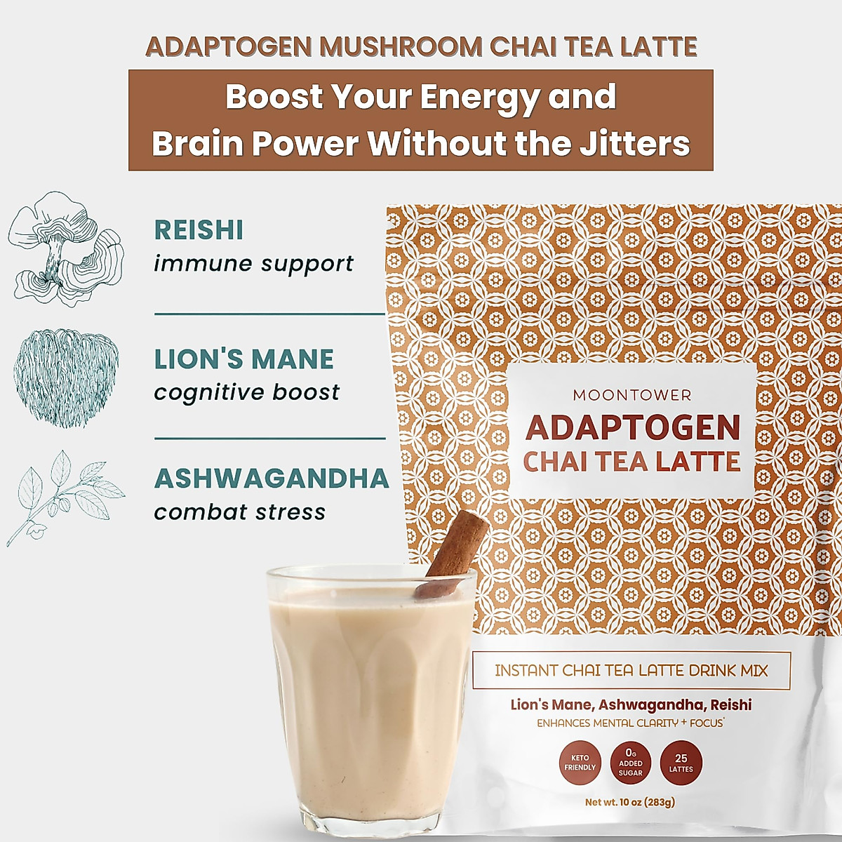 Mushroom Chai Tea Latte Mix by Moontower – Superfood Adaptogenic Mushroom Drink Powder with Ashwagandha, Lions Mane, Reishi, Organic Spices, & Black Tea, Coffee Alternative, Keto, Dairy Free, 10 oz