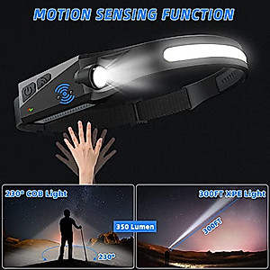 Headlamp Rechargeable 3Pack, LED Headlamp Flashlight with Motion Sensor, 230° COB Wide Beam Head Lamp, 5Mode Head Lights for Forehead Waterproof, Bright Headlamps for Adults Hardhat Running Camping