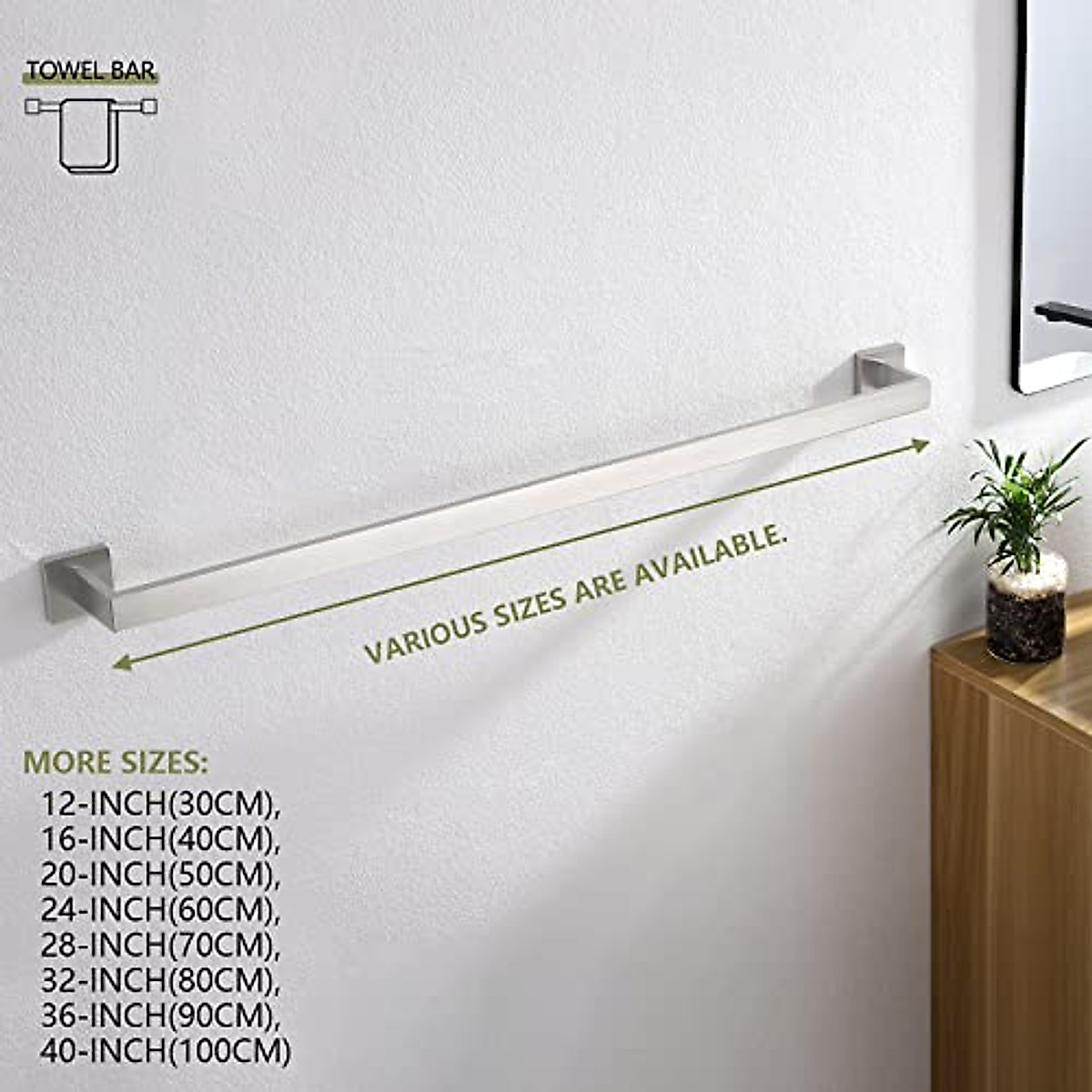 KOKOSIRI 36-Inch Single Towel Bar, Bathroom Towel Holder, Bath Towel Hook Square Robe Hook Coat Hook, Wall Mounted, SUS 304 Stainless Steel, Brushed Steel, B05A3-BR-L36