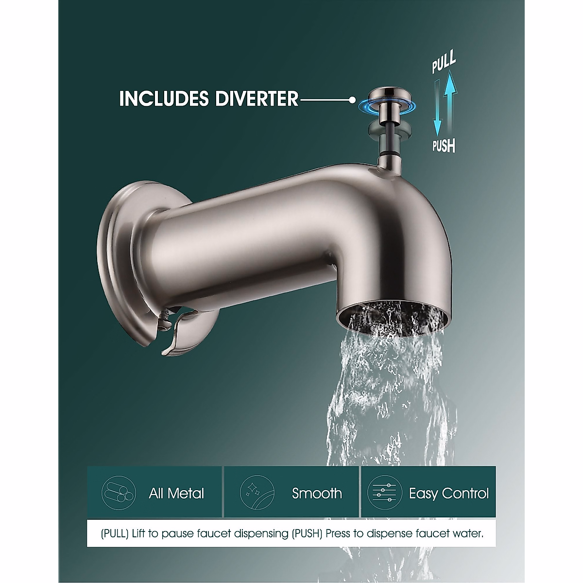 LOCALAND Slip-On Extra Long Tub Spout with Diverter, 1/2 Inch Slip Fit Connection,Brushed Nickel