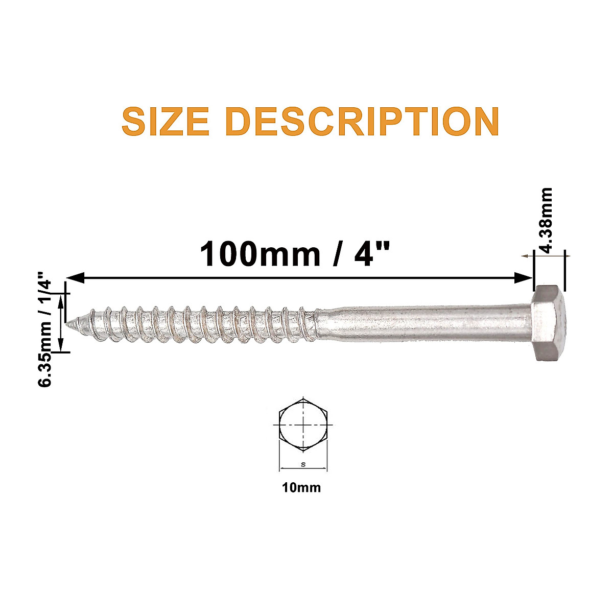 binifiMux 20pcs 1/4" x 4" Stainless Steel Hex Head Lag Screws Bolts Coach Bolts, A2-70/18-8, Plain Finish
