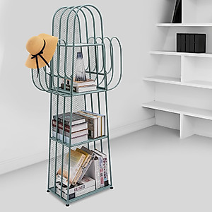 Cactus Bookshelf, 4 Tier Freestanding Cactus Shape Metal Hollow-Out Bookshelfs, Creative Book Storage Shelf Organizer for Small Space Green Cactus Bookcase for Home Living Room Bedroom (Green)