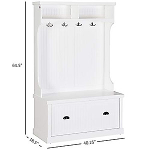 HOMCOM Hall Tree for Entryway, Coat Rack Shoe Bench with Bottom Storage, 4 Metal Double Hooks and 2 Shelves for Hallway, Living Room, White