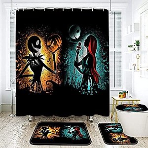4 Pcs /Set Halloween Bathroom Decor Shower Curtain Sets with Bath Rugs ,Nightmare Before Christmas Bathtub Curtains Area Rug Mats Toilet Seat Cover Hooks Gray Skull Skeleton Blue Yellow (Black)