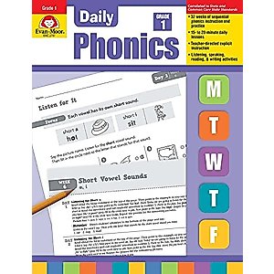 Evan-Moor Daily Phonics, Grade 1, Homeschooling & Classroom Resource Workbook. Phonemic Awareness, Decoding, Word-Study, Teaching Editions, Reproducible Worksheets