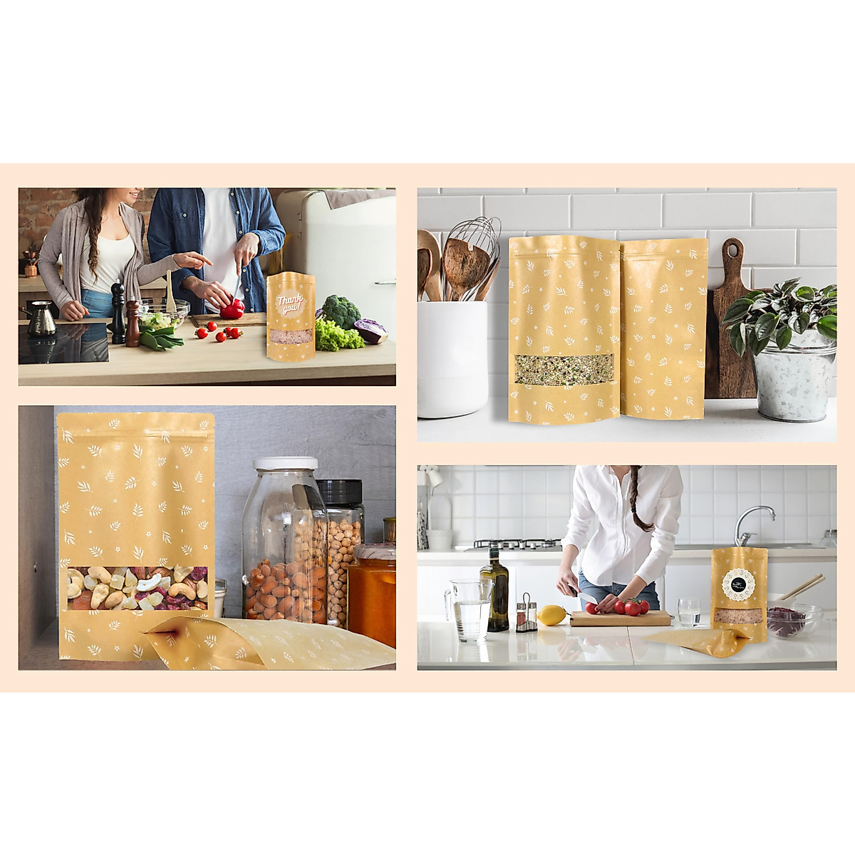 100PCS Stand Up Pouches with Window, Kraft Ziplock Pouch bags, 7"x 10.2", Reusable Stand Up Bags, Resealable & Heat Sealable Odor Free Food Storage Bag, Packaging for Small Business & Home Use [LEAF]