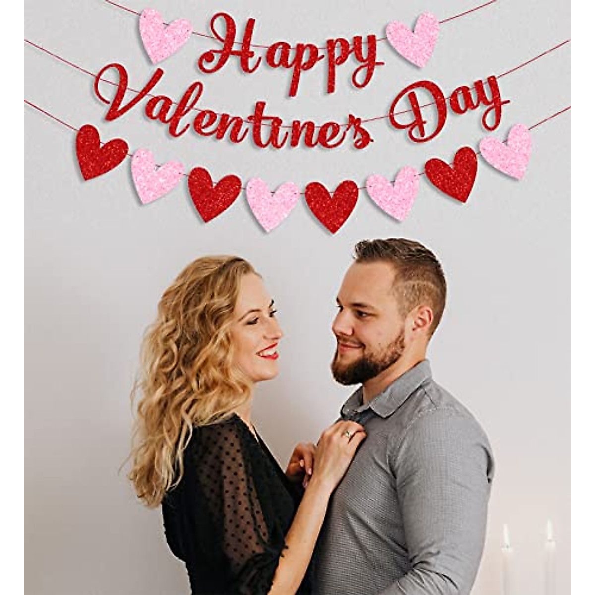 CAVLA Red Glittery Happy Valentine's Day Banner and Red Pink Glittery Hearts Banner Valentine's Day Banner Garland with Heart Signs Valentines Day Party Decorations for Valentines Wedding Anniversary Engagement Party Supplies