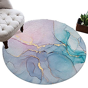 Marble Texture Area Rug Turquoise Pink Purple Watercolor and Golden Stripes Round Rug Fluffy Floor Carpet Soft Rug Ink Paint Non-Slip Throw Rug 5' Diameter for Living Room, Bedroom, Apartment, Sofa