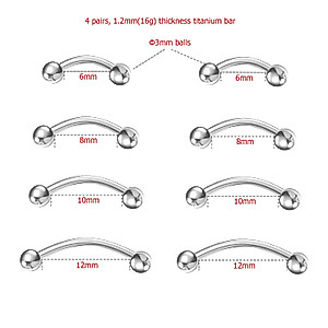 NewkeepsR 4 Pairs-16G(1.2mm) Titanium Bent Curved Barbell Banana Rook Front Helix Eyebrow Rings Piercing Jewellery 6mm/8mm/10mm/12mm
