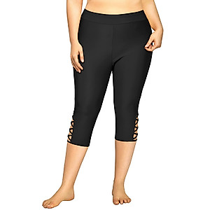 Holipick Black Plus Size Swim Pants for Women Criss Cross Swim Capris High Waisted Swim Leggings UPF 50+ Long Swim Shorts 16W