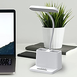 LED Small Desk Lamp, AXX Desk Lamps for Home Office, White Desk Light for Kids, Desktop/Computer Study Lamps for Bedrooms, Rechargeable, Battery Operated, Pen Holder, Adjustable Gooseneck Reading Lamp