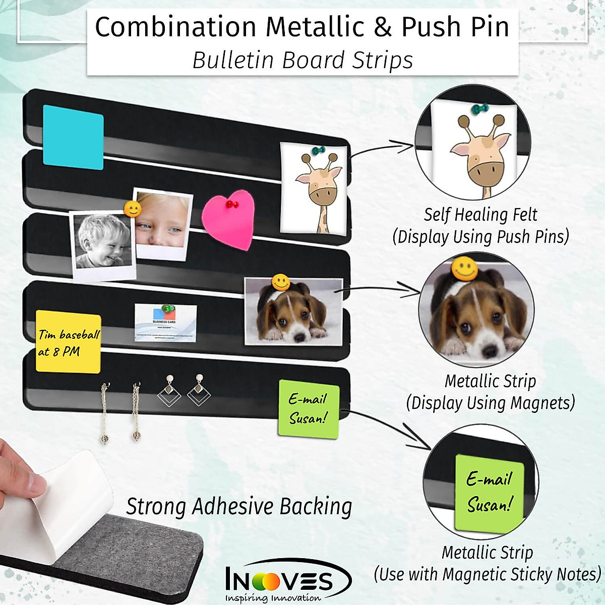 Inooves Combo Magnetic and Felt Cork Board Strips - with Pushpins, Magnets & Reusable Dry-Erase Sticky Notes, Strong Adhesive Backing Bulletin Boards, 1/2 inch Thick No Damage for Wall - 5 Pcs Black