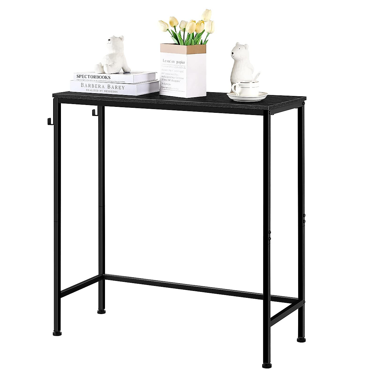 OYEAL Black Console Table Narrow Entryway Table with Hooks 31.5 in Small Sofa Table with Metal Frame Couch Table for Living Room, Hallway, Foyer, Bedroom, Black