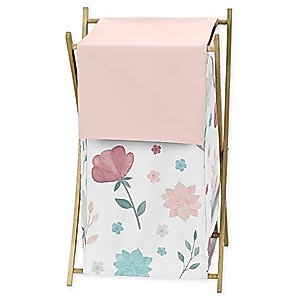 Sweet Jojo Designs Floral Rose Flowers Baby Kid Clothes Laundry Hamper - Blush Pink Teal Turquoise Aqua Blue Grey Pop Flower Boho Shabby Chic Modern Colorful Watercolor Roses Leaf Daisy Tulip