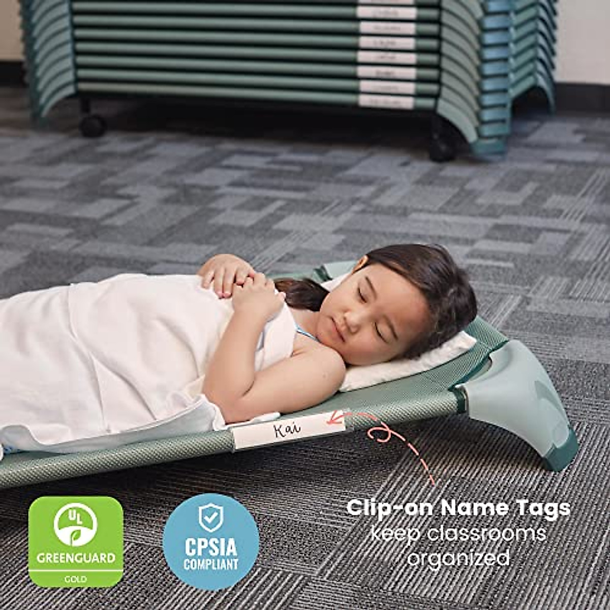 ECR4Kids Stackable Cozy Cot with Storage, Classroom Furniture, Sage, 6-Pack