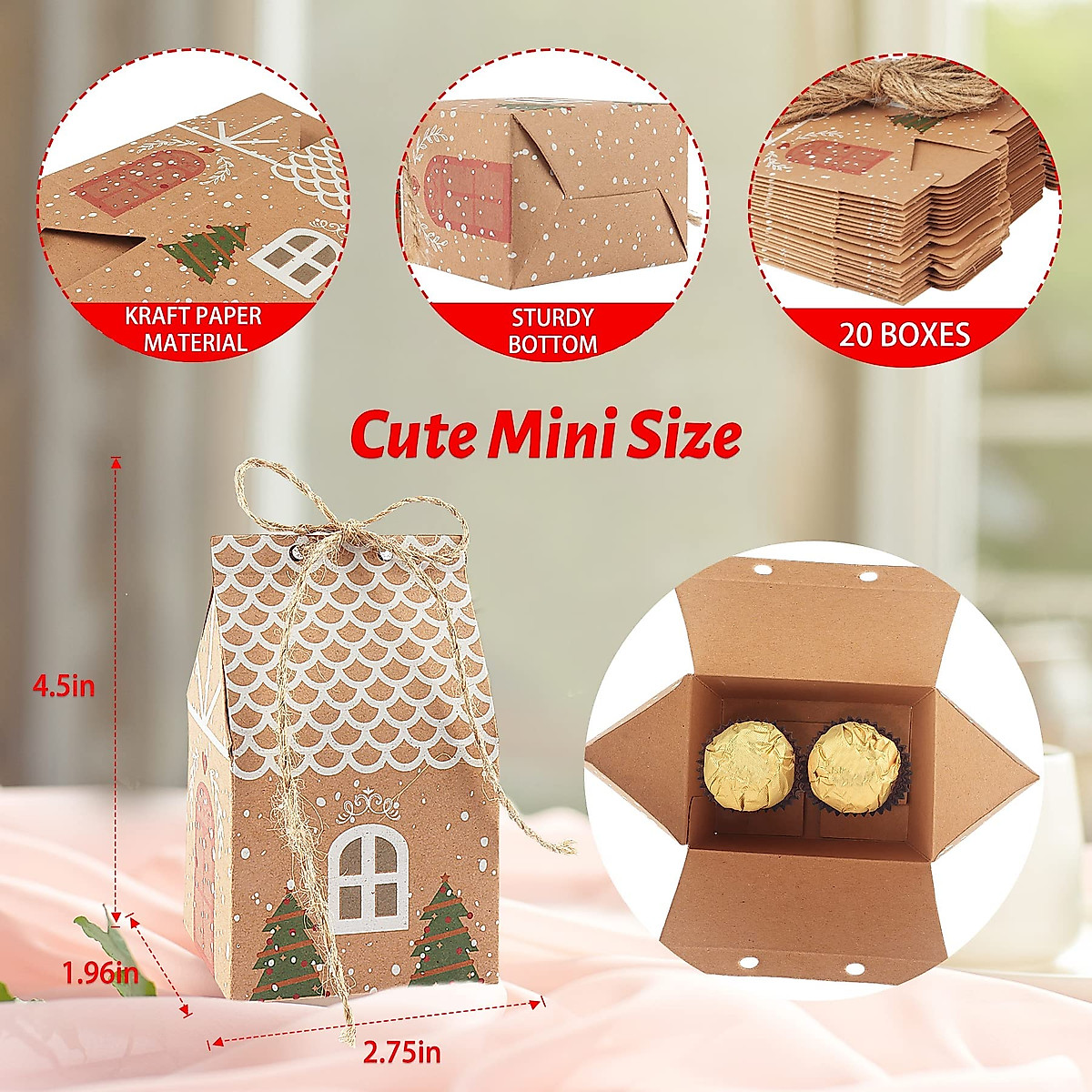 ANCIENTPWR 20 PCS Small Christmas Gingerbread Treat Boxes, Mini Candy Goodies Boxes Kraft Paper Gift Bags for Kids Party Favors Gifts Wrapping