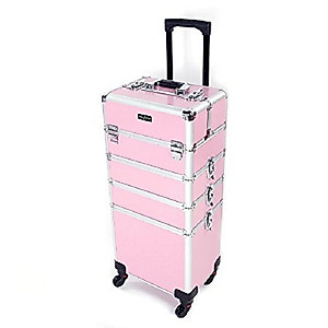 mefeir 4 in 1 Rolling Makeup Train Case, Aluminum Makeup Travel Organizer Cosmetic Case, Cosmetology Display Suitcase on Wheels, Beauty Storage Luggage Lockable w/4 Removable Wheels (Pink)