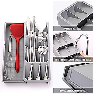 ORIJOYNA Kitchen Flatware Organizers - Drawer Organizer Tray Box Cutlery Expandable Organizer - for Kitchen Drawer Holding Flatware Spoons, Forks, Spatula (Grey)