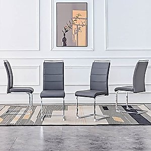 FATFISH Modern Dining Chairs, PU Faux Leather High Back Upholstered Side Chair Transverse Stripe Backrest Design for Dining Room Kitchen Vanity Patio Club Guest Office Chair (Set of 4) (Gray+PU)