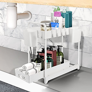 RASHNU Under Sink Organizers and Storage, 2 Tier Under Bathroom Storage Rack with 6 Hooks, Multi-purpose Storage for Bathroom Kitchen Cabinet (White 1 Pack)