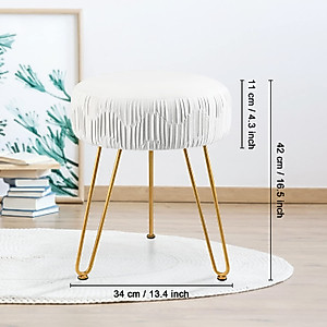 TOUCH-RICH Stripe Velvet Vanity Chair Round Ottoman,Upholstered Vanity Makeup Footstool Side Table Dressing Chair with Golden Metal Legs (White, Round-Normal)