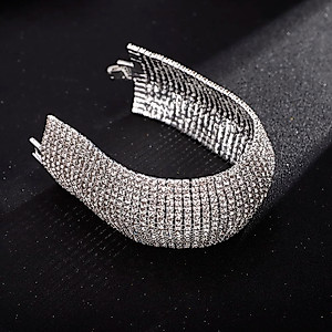Denifery Crystal Rhinestones Cluster Wide Bangle Bracelet Rhinestone Stackable Stretch Bracelets for Women (Silver)